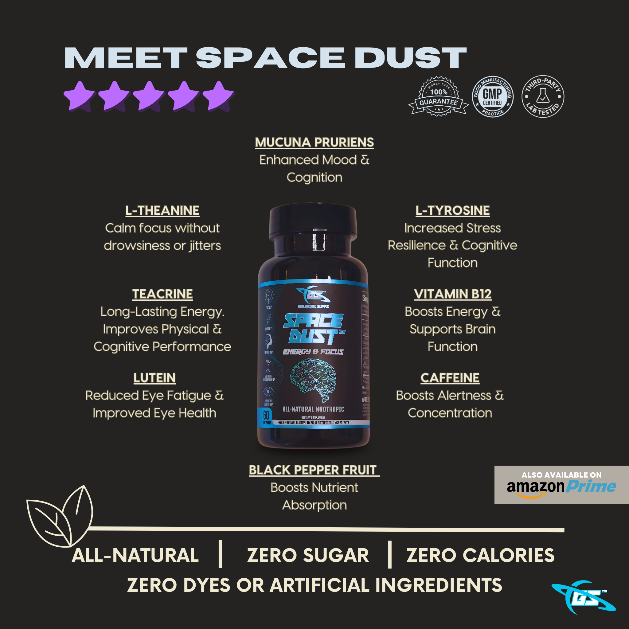 Space Dust - Natural Nootropic for Energy, Focus & Mood (60 Capsules) | Galactic Supps